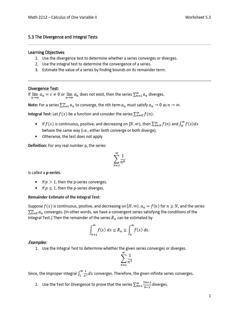 Worksheet-Section 5.3 Divergence and Integral Test1 | PDF | Series ...