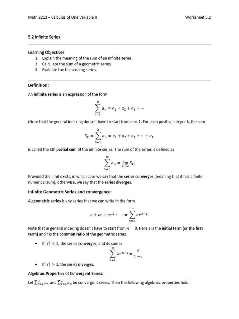 Worksheet-Section 5.2 Infinite Series | PDF | Series (Mathematics ...