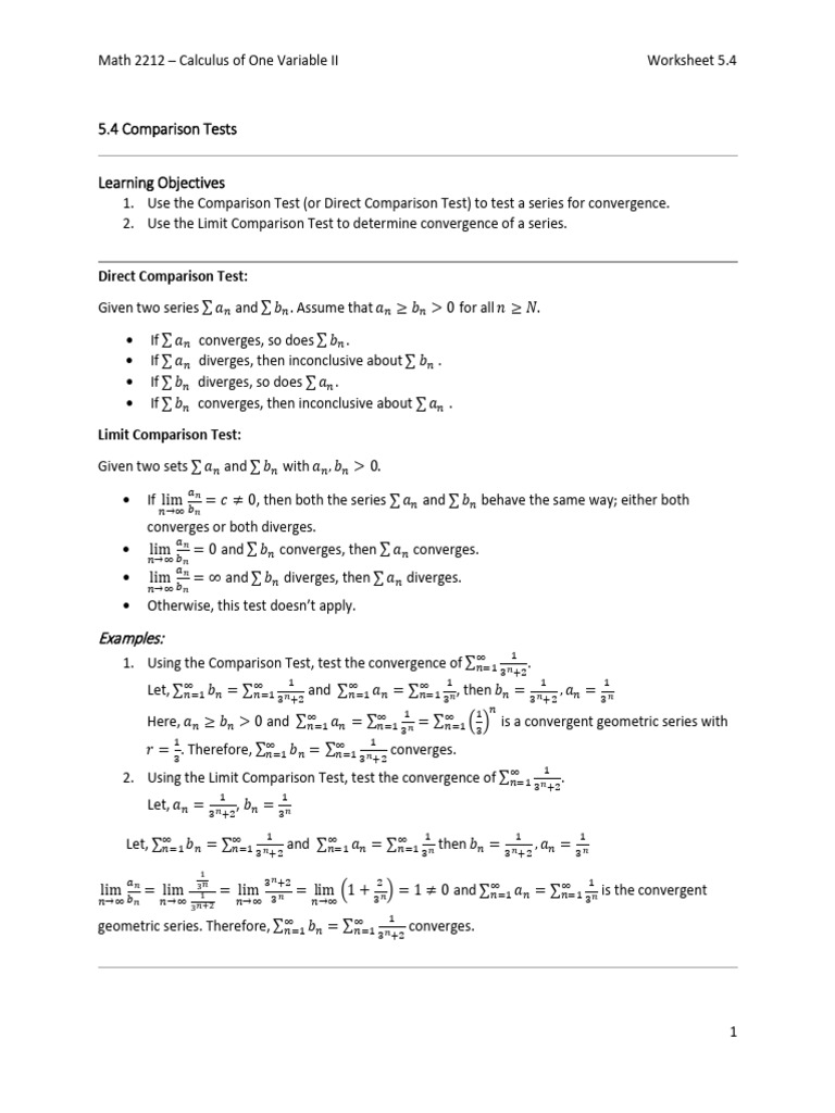 Worksheet-Section 5.4 Comparison Tests | PDF | Calculus | Mathematical ...
