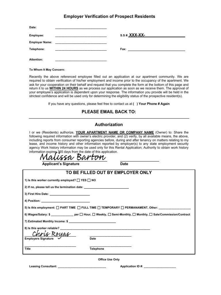 Employer Verification of Prospect Residents | PDF | Employment | Lease