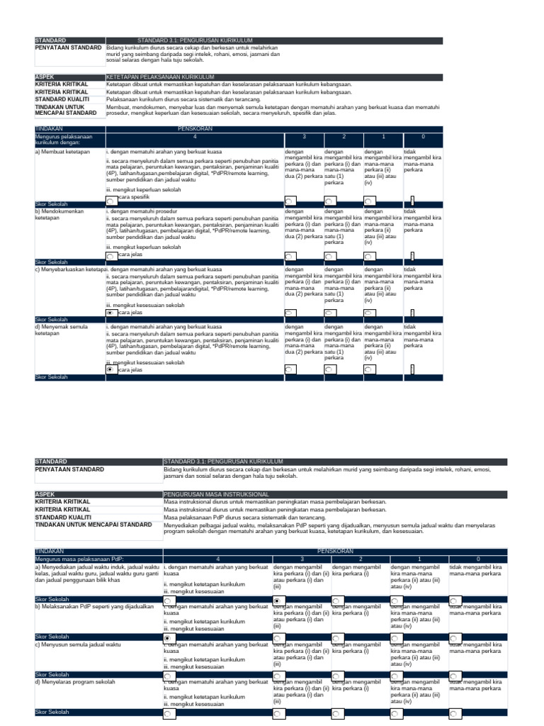 Standard 3.1 Pengurusan Kurikulum - Edit | PDF