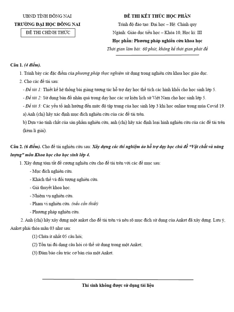 Đề Thi Kthp Pp Nghiên Cứu Khoa Học k10 - k11 - k12 | PDF