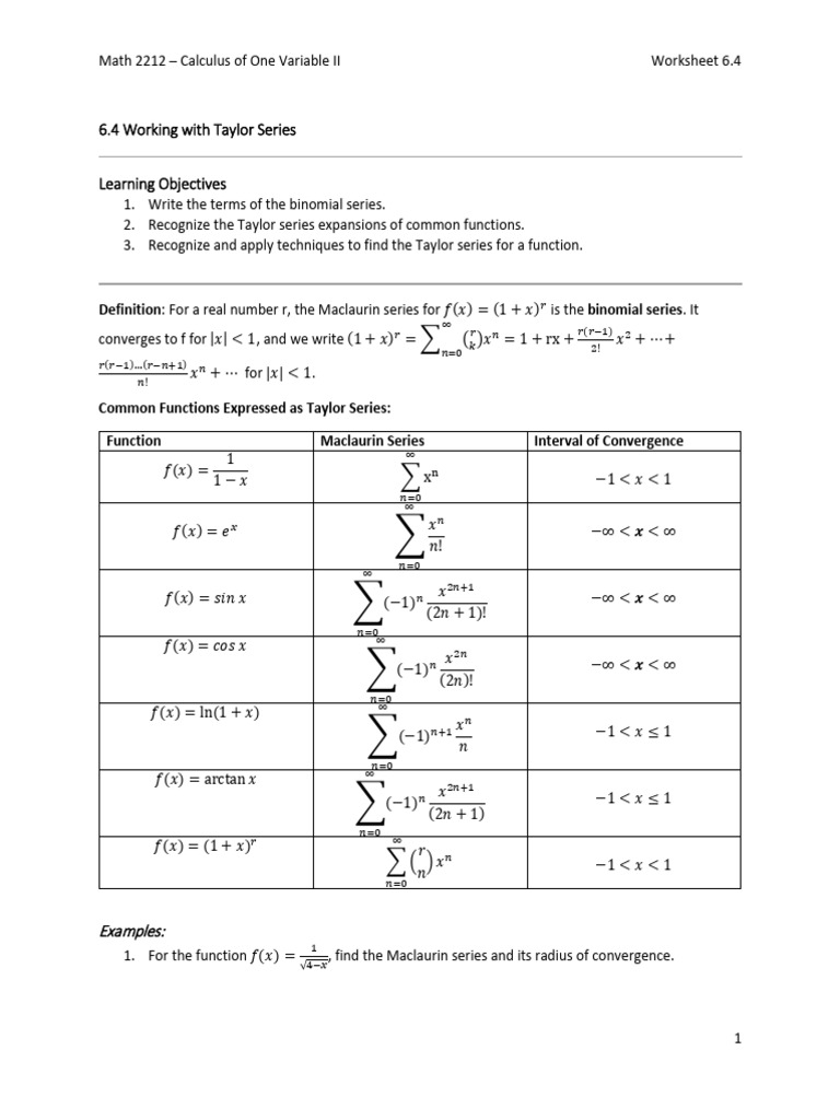 Worksheet-Section 6.4 Working With Taylor Series | PDF | Mathematical Relations | Mathematical ...