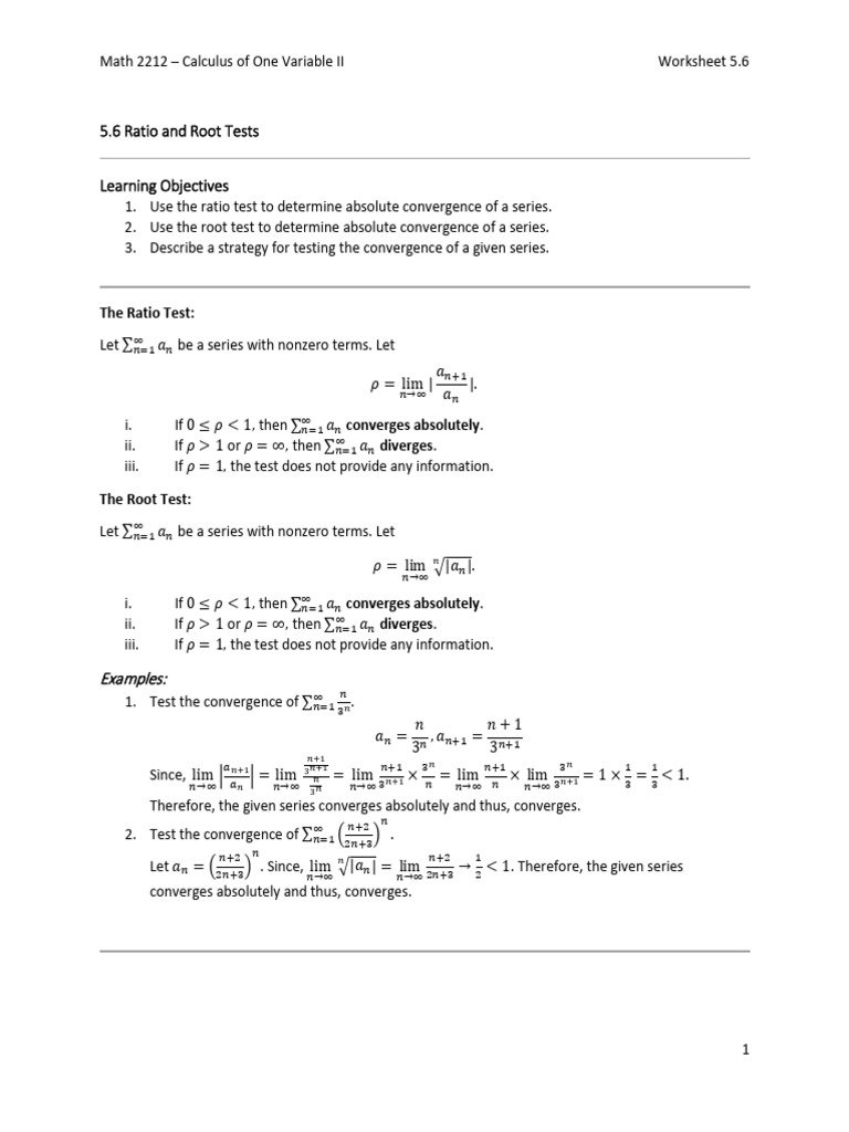 Worksheet-Section 5.6 Ratio and Root Test | PDF | Complex Analysis ...