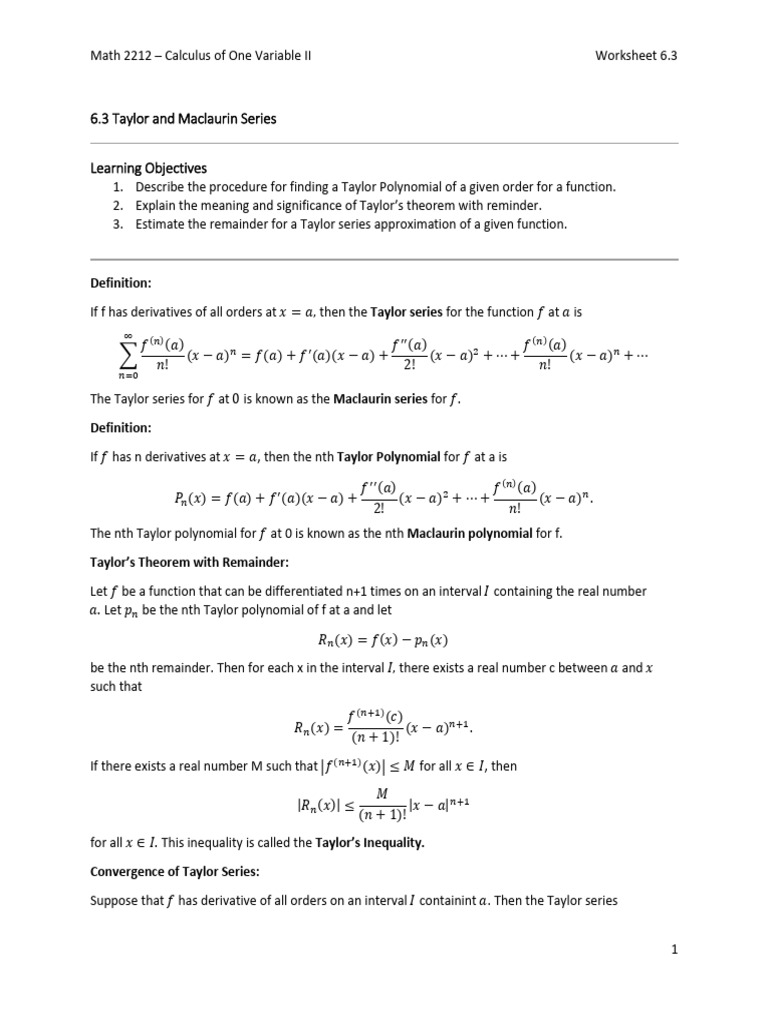 Worksheet-Section 6.3 Taylor and Maclaurin Series1 | PDF | Numerical ...
