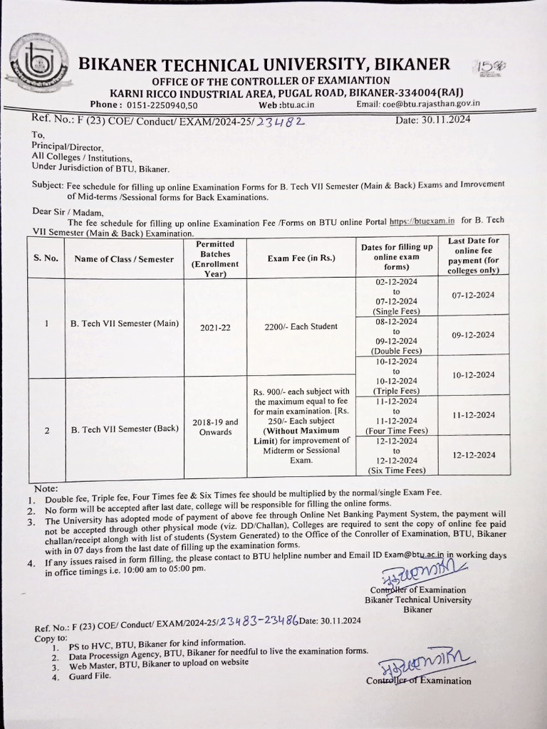 B. Tech VII Semester Examination Form Order | PDF | Service Industries