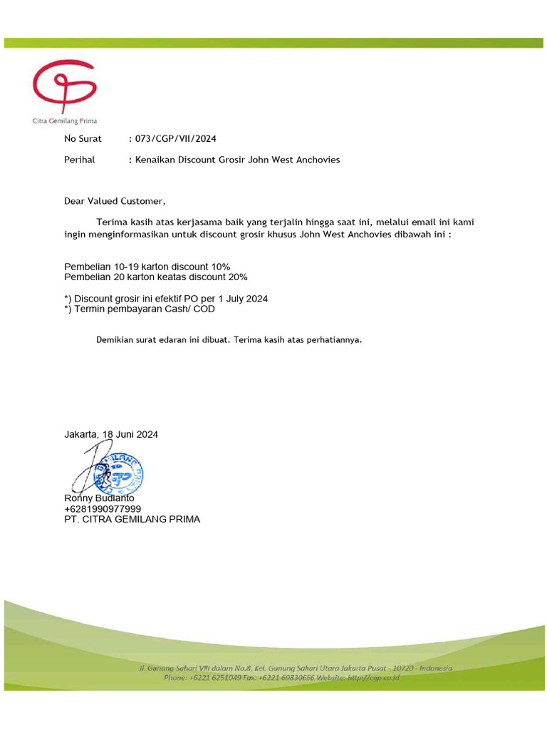 074 - Surat Penyesuaian Disc Grosir John West Anchovies | PDF