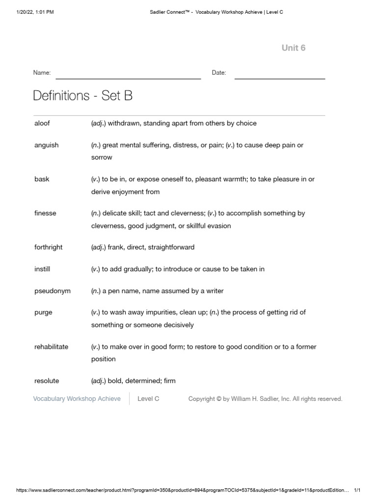 Sadlier Unit 6 Set B Words | PDF