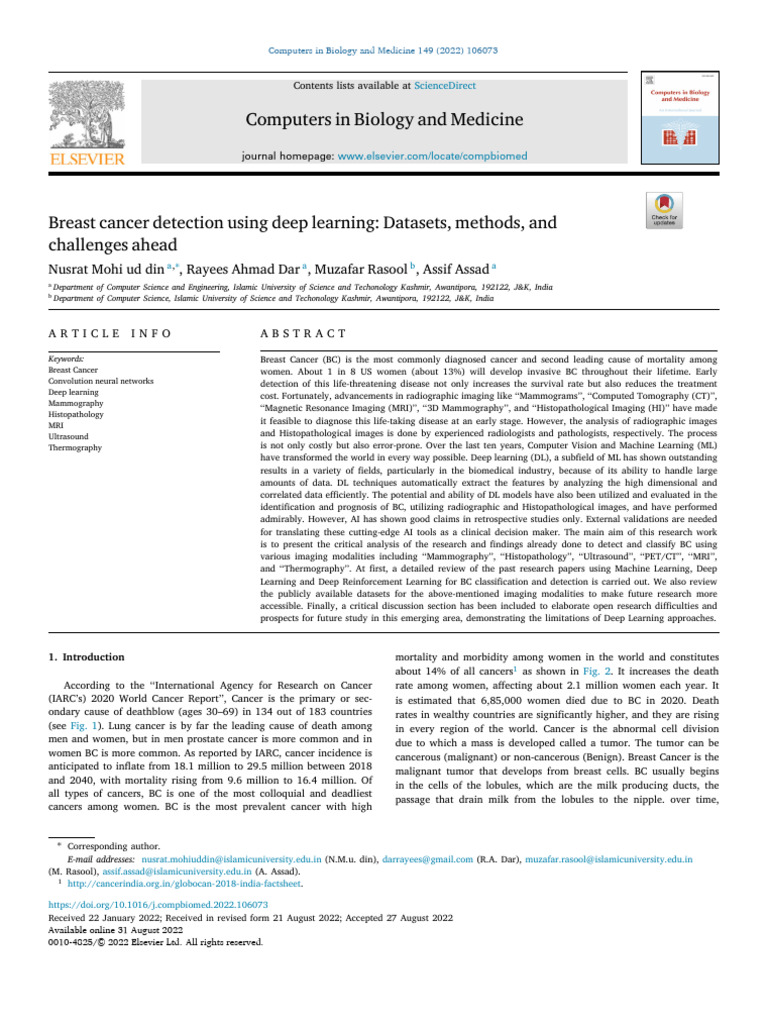 Computers in Biology and Medicine: Nusrat Mohi Ud Din, Rayees Ahmad Dar, Muzafar Rasool, Assif ...
