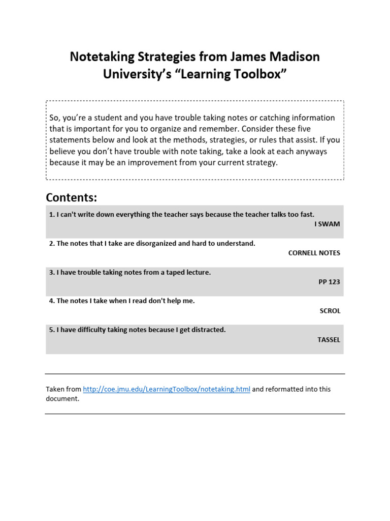 Note Taking Jmu Learning Toolbox | PDF | Nonverbal Communication | Body ...