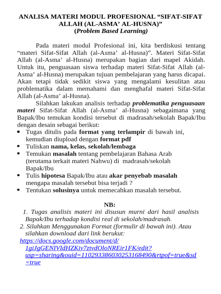 FORMAT Dan FORMULIR TUGAS ANALISIS MATERI MODUL NAHWU 1 - PBL | PDF