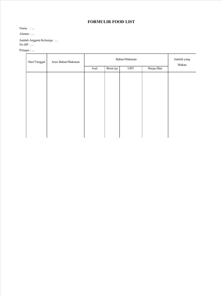 Formulir Food List | PDF