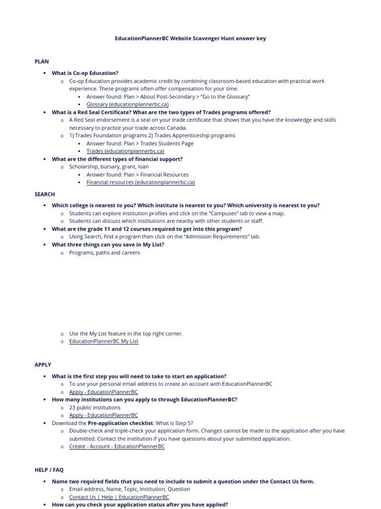 Website Scavenger Hunt Answer Key 2024 | PDF