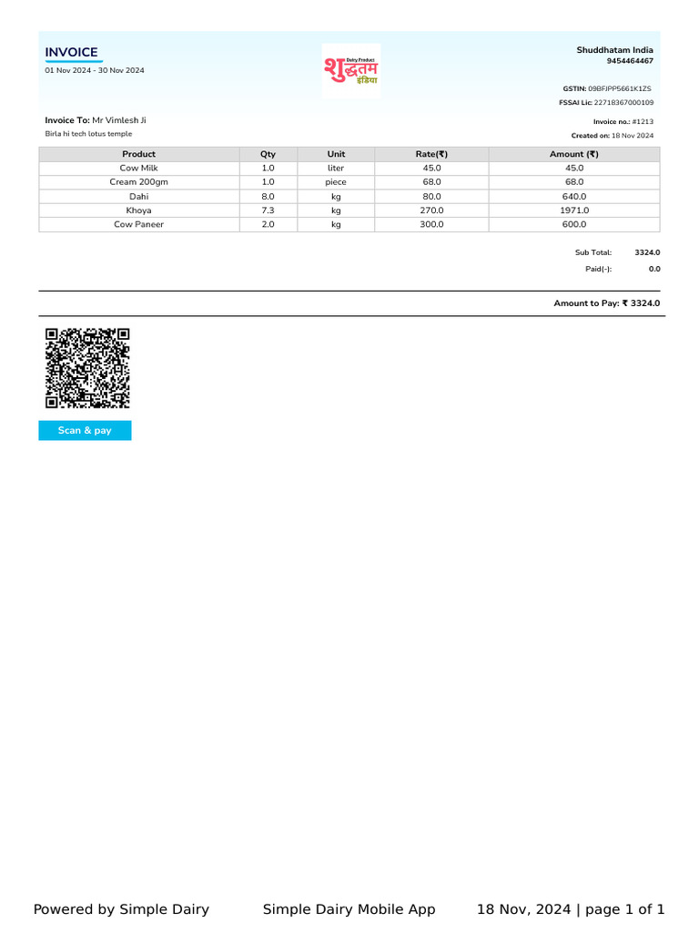 MR - Vimlesh - Ji 01 Nov 2024 To 30 Nov 2024 Invoice Report | PDF