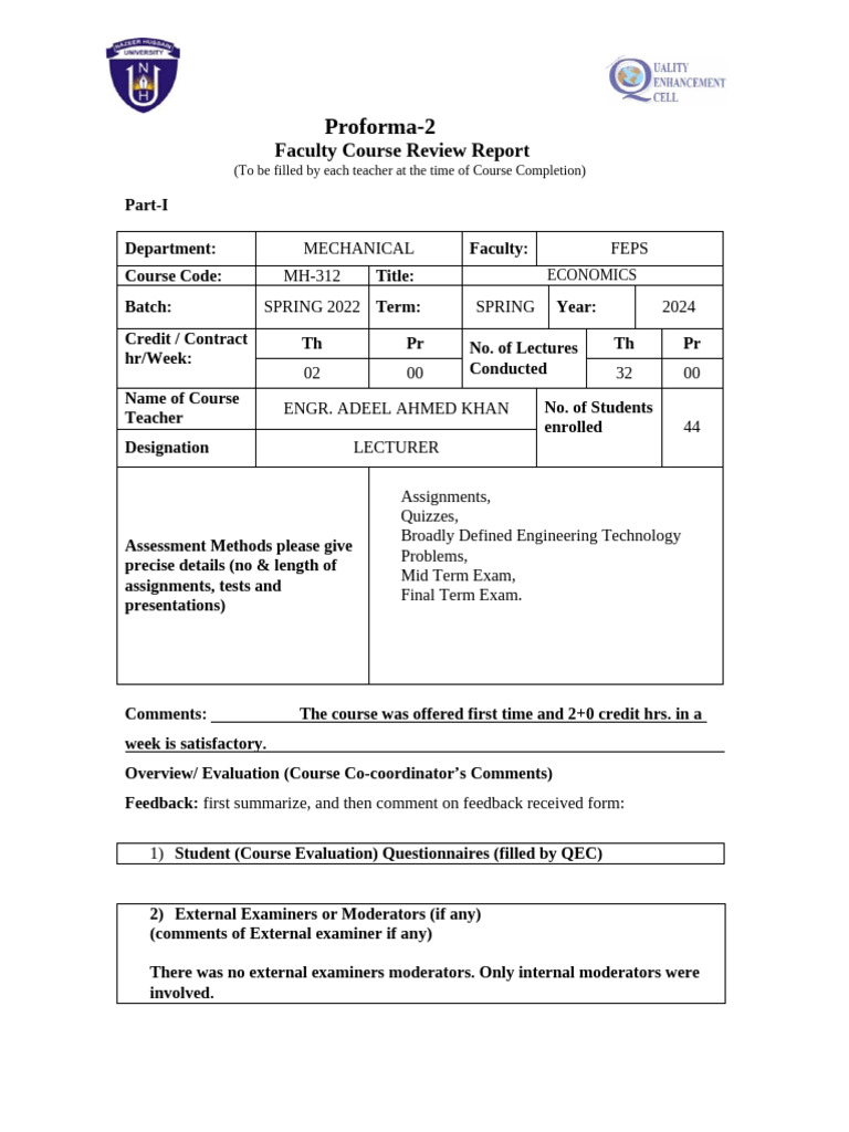 Course Performa Economics | PDF | Curriculum | Course Evaluation