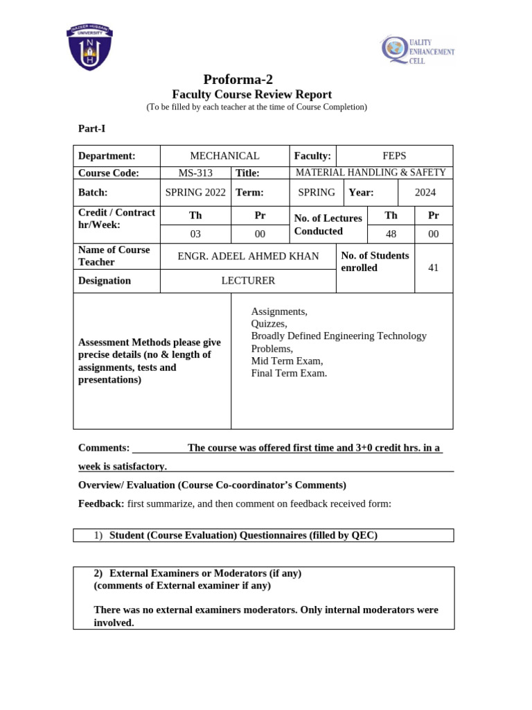 Course Performa MH & Safety | PDF | Curriculum | Course Evaluation