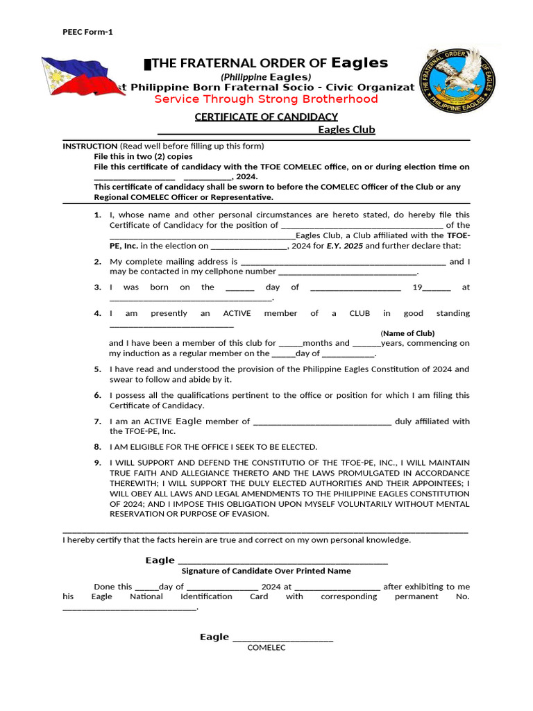Eagles Club Candidacy Form | PDF | Government | Justice