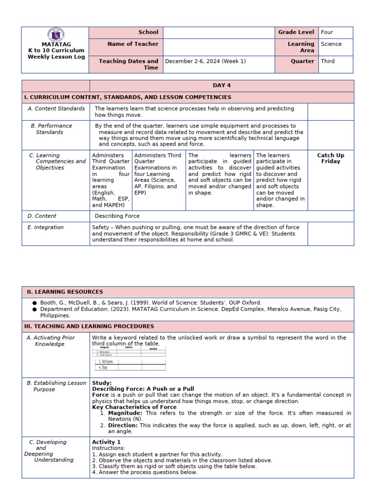SCIENCE4-Q3-W1-DAY-4 | PDF | Force | Education Theory