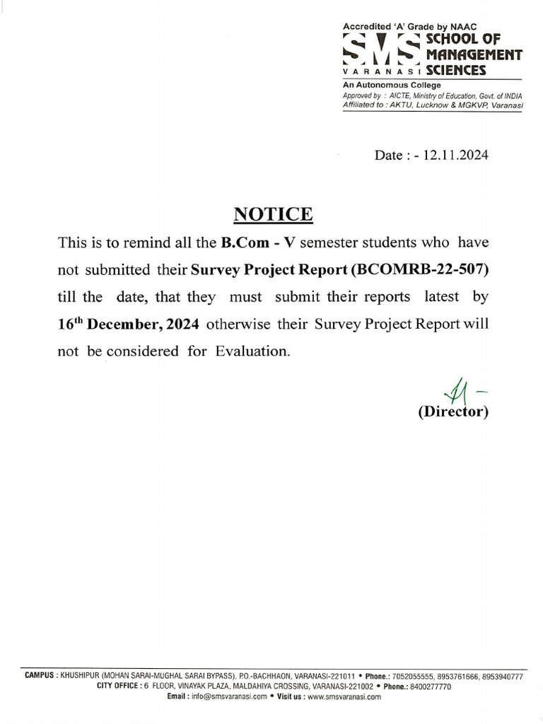 NOTICE - B.com - V SEM - Survey Project Report - Last Date | PDF