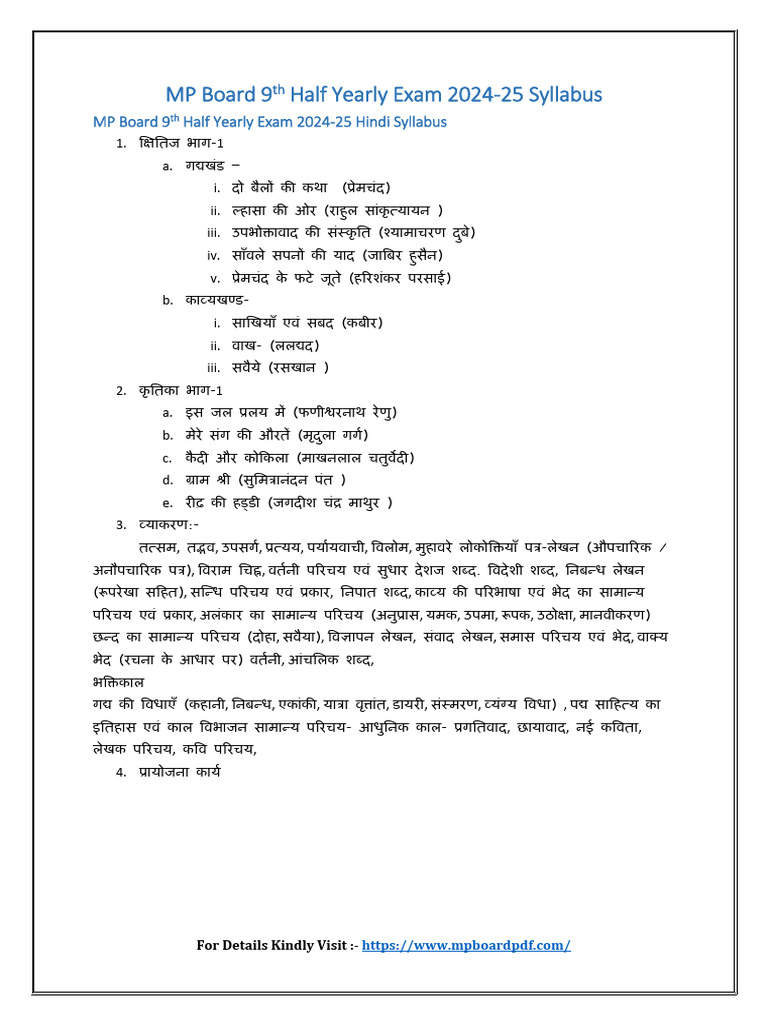 MP Board 9th Half Yearly Exam 2024 Syllabus Complete-Min | PDF