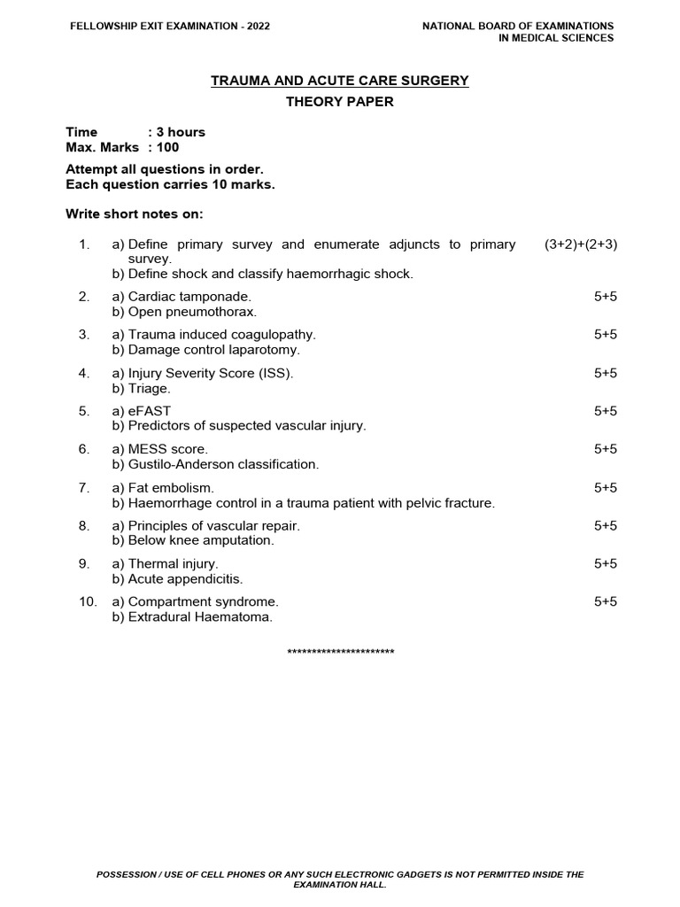 2022 Trauma Surgery Fellowship Exam | PDF