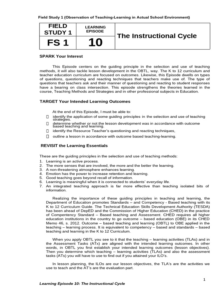 EP10 - FS1 - The Instructional Cycle 2 | PDF | Learning | Teachers