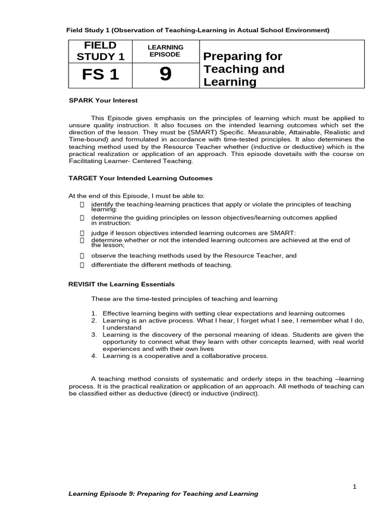 EP9 - FS1 - Preparing For Teaching and Learning 1 | PDF | Learning | Teaching Method