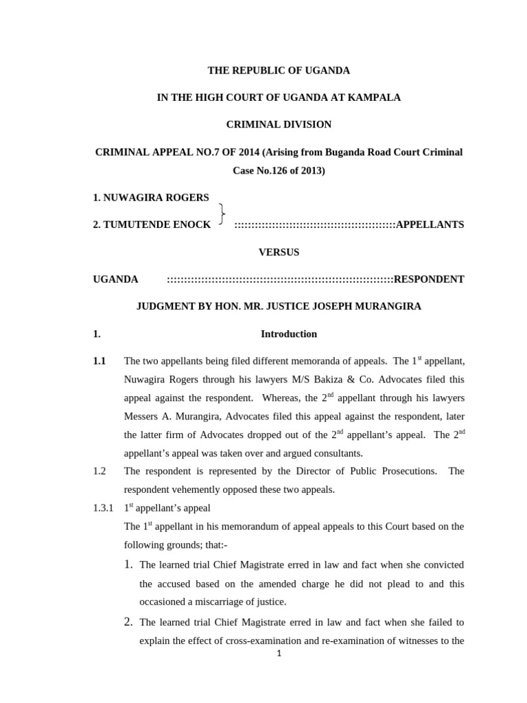 Nuwagira Anor V Uganda (Criminal Appeal No7 of 2014) 2014 UGHCCRD 110 (10 June 2014) | PDF ...