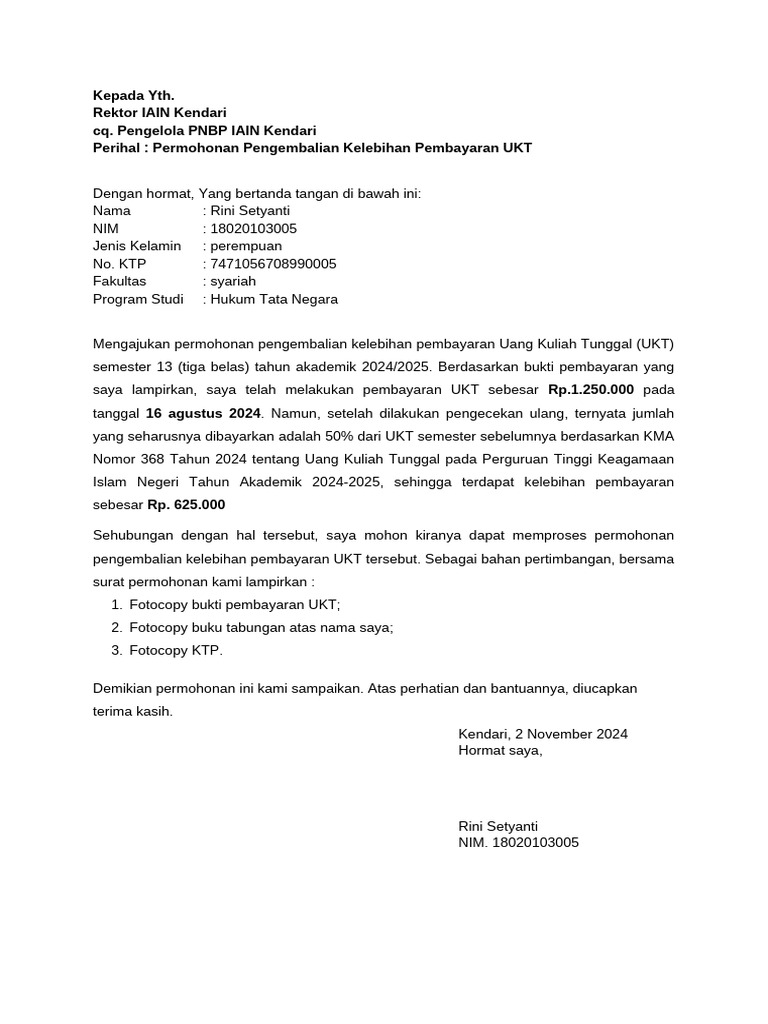 Surat Permohonan Mahasiswa Pengembalian UKT[1] | PDF