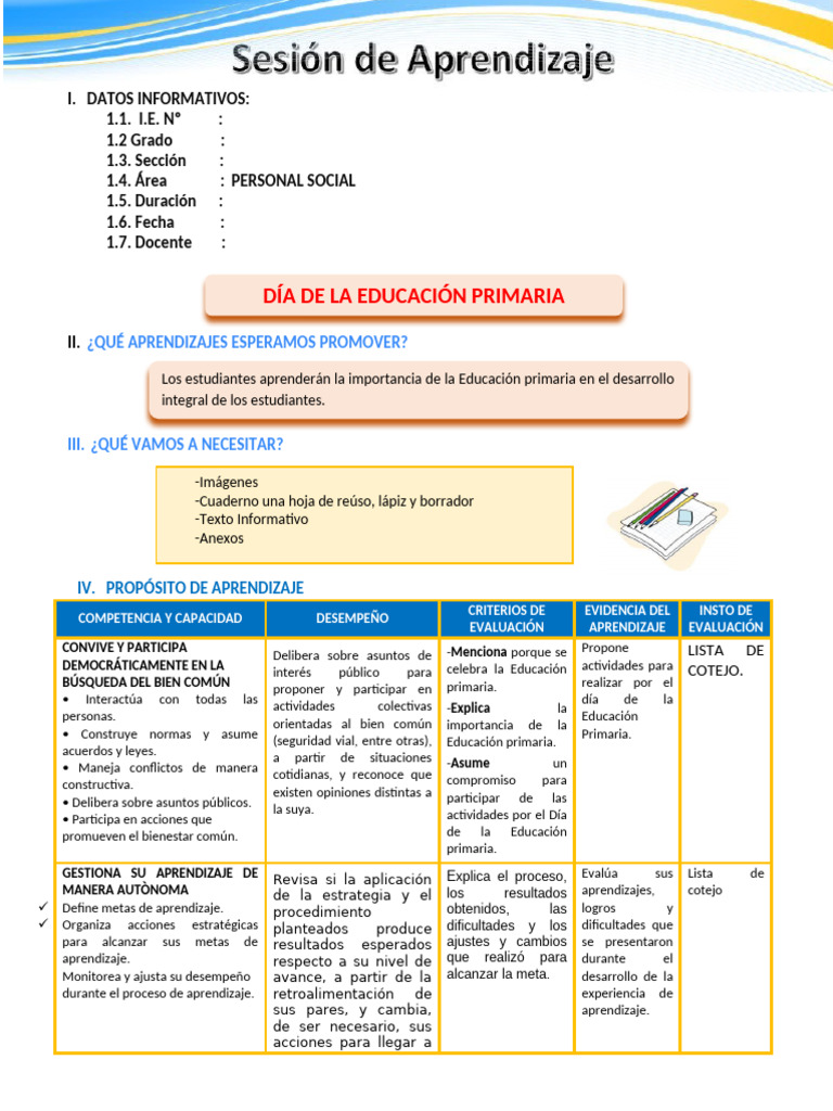 D1 A2 Sesion Ps. Día de La Educación Primaria | PDF | Educación primaria | Evaluación