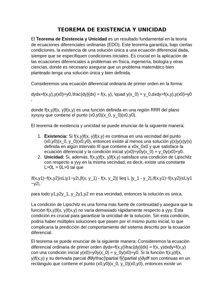 Teorema de Existencia y Unicidad | PDF | Ecuaciones | Ecuaciones ...