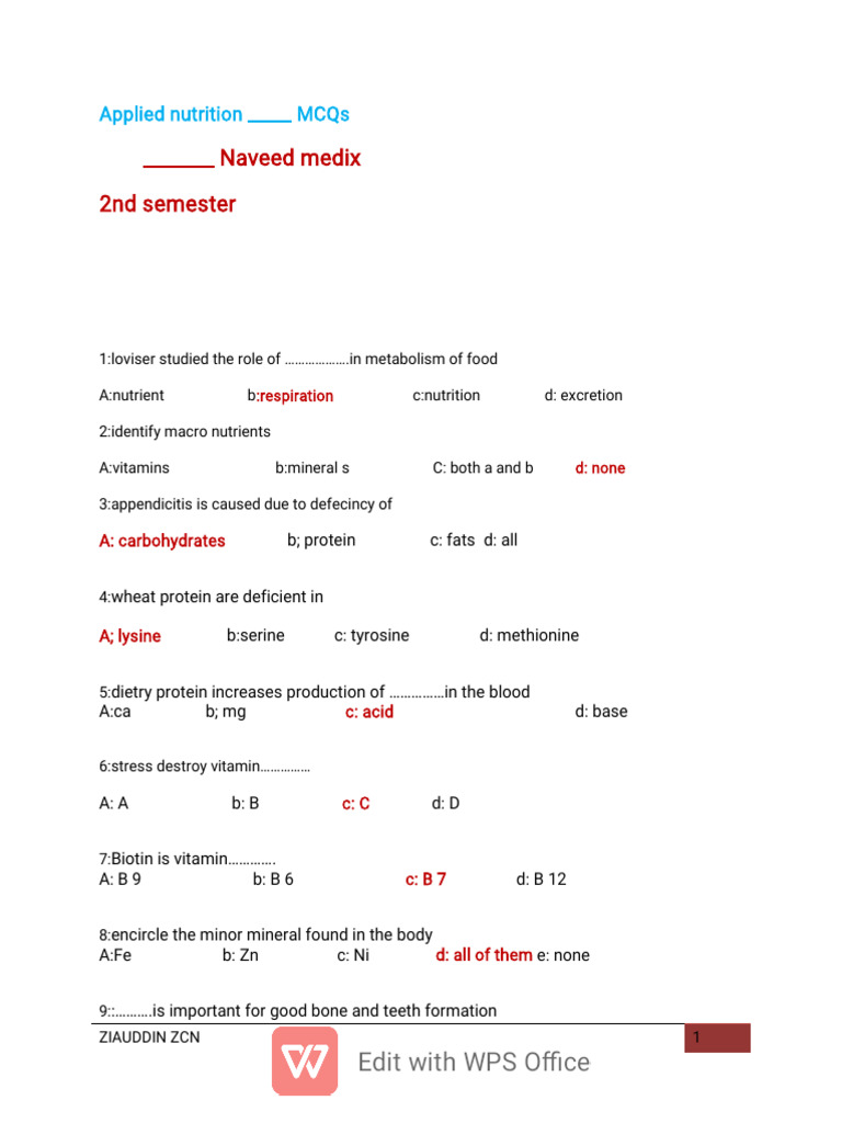70 Solved Mcqs Nutrition 2nd Semester | PDF | Foods | Nutrients