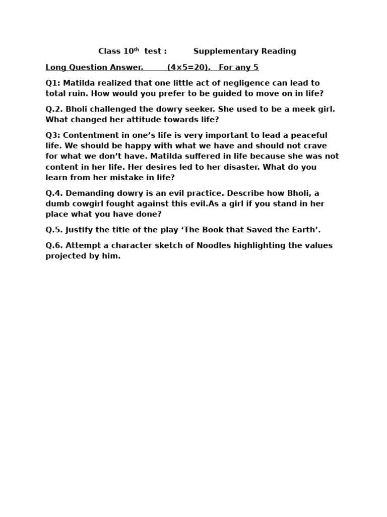 Class 10 Supplementary Reading Questions | PDF