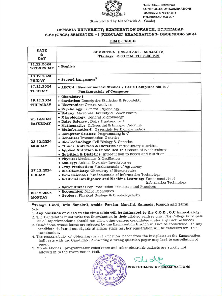 OU BSc I Sem Time Tables - Dec 2024 | PDF