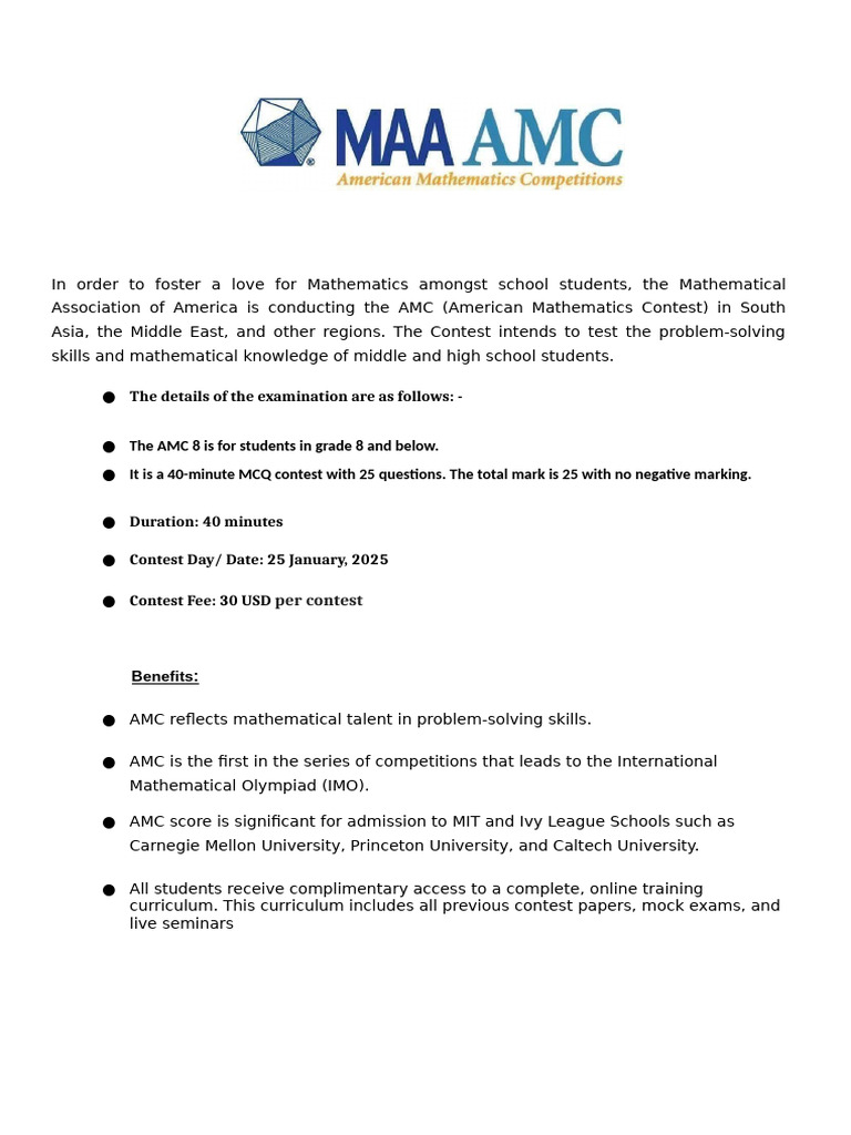 AMC 8 Contest Details for 2025 | PDF