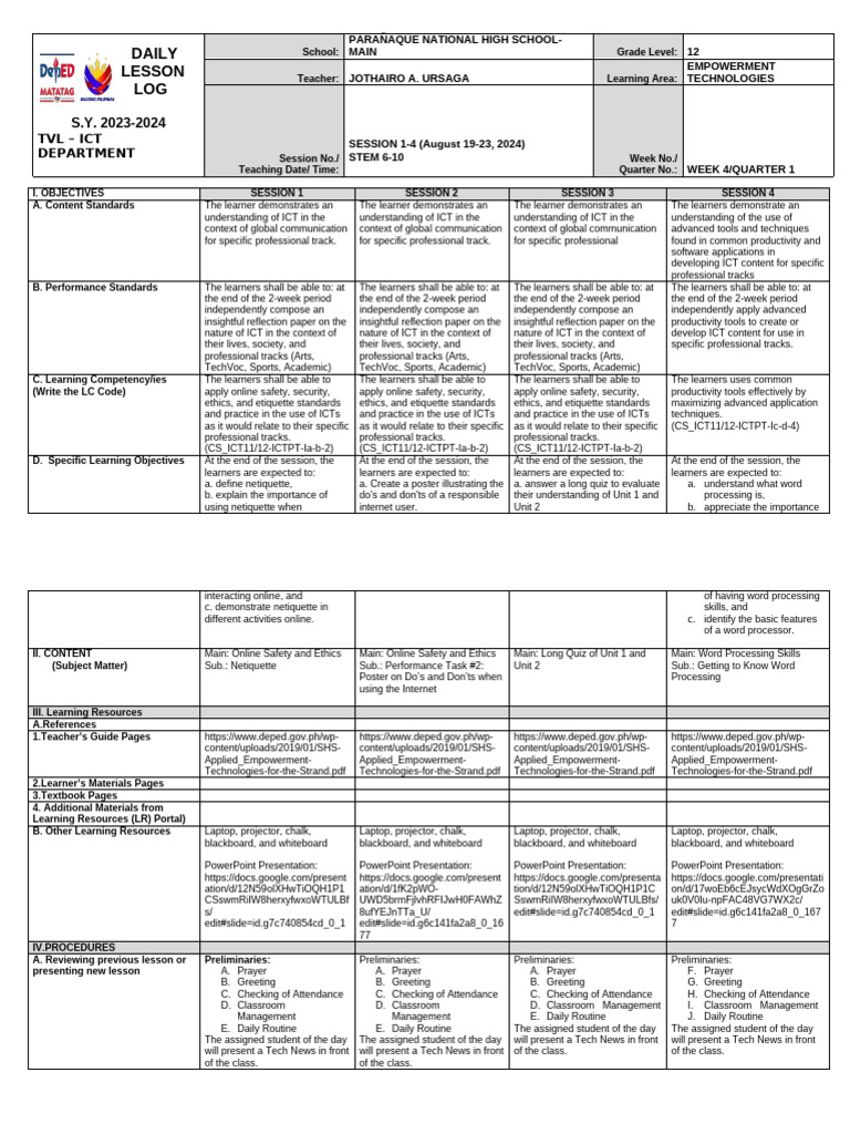 q1 w4 Dlp Etech Ursaga | PDF | Educational Technology | Teachers