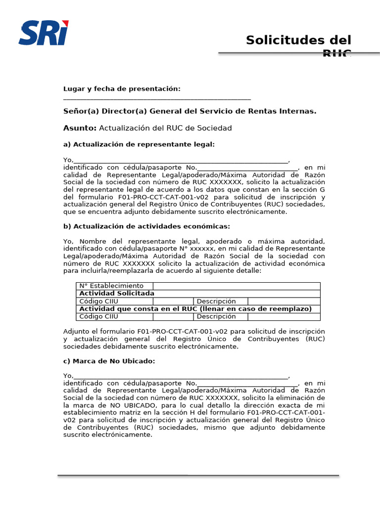 Formato Solicitudes RUC Actualización - Sociedades | PDF
