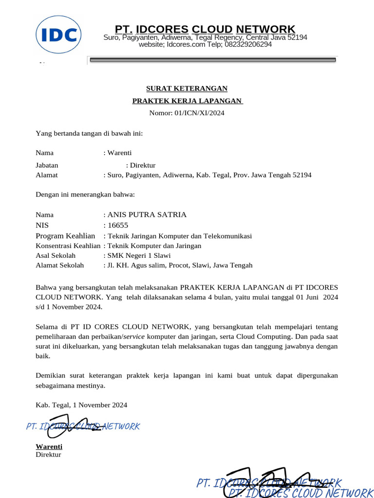 Contoh Surat Keterangan Magang Kerja Dari Perusahaan | PDF