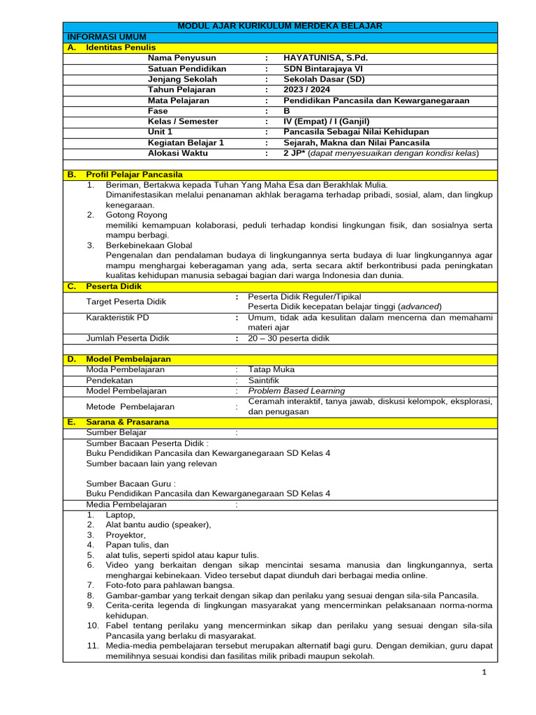 Modul PPKN Kls 4 Sms 1 | PDF