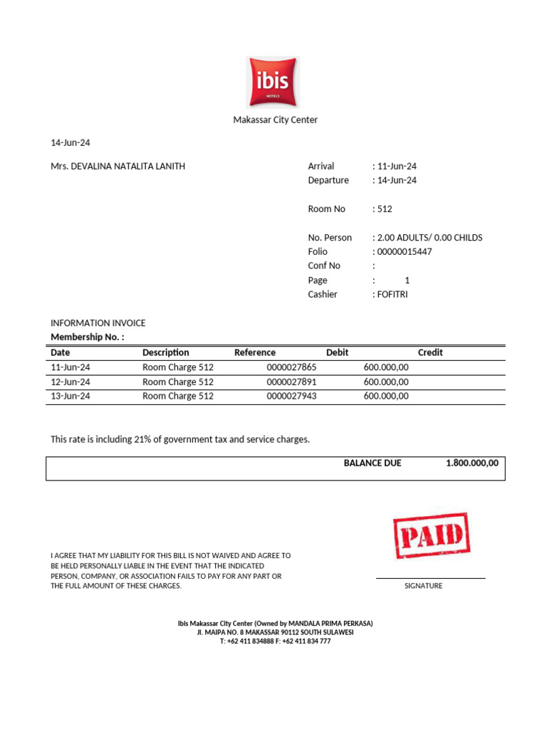 Bill Hotel Ibis Makassar | PDF