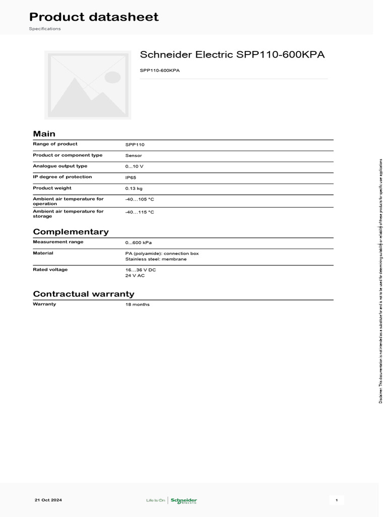 Schneider Electric European HVAC Sensors SPP110 600KPA | PDF