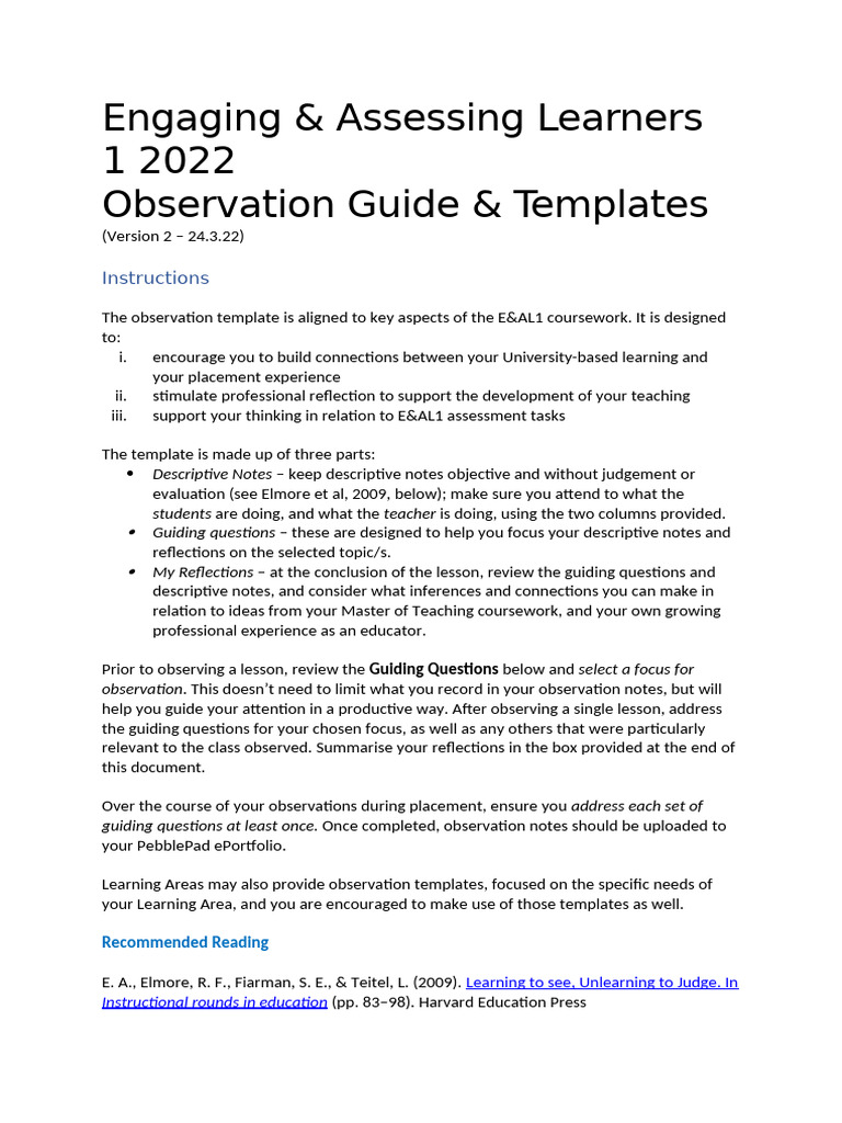 E&AL1 Lesson Observation Template - Alternate Version | PDF | Learning ...