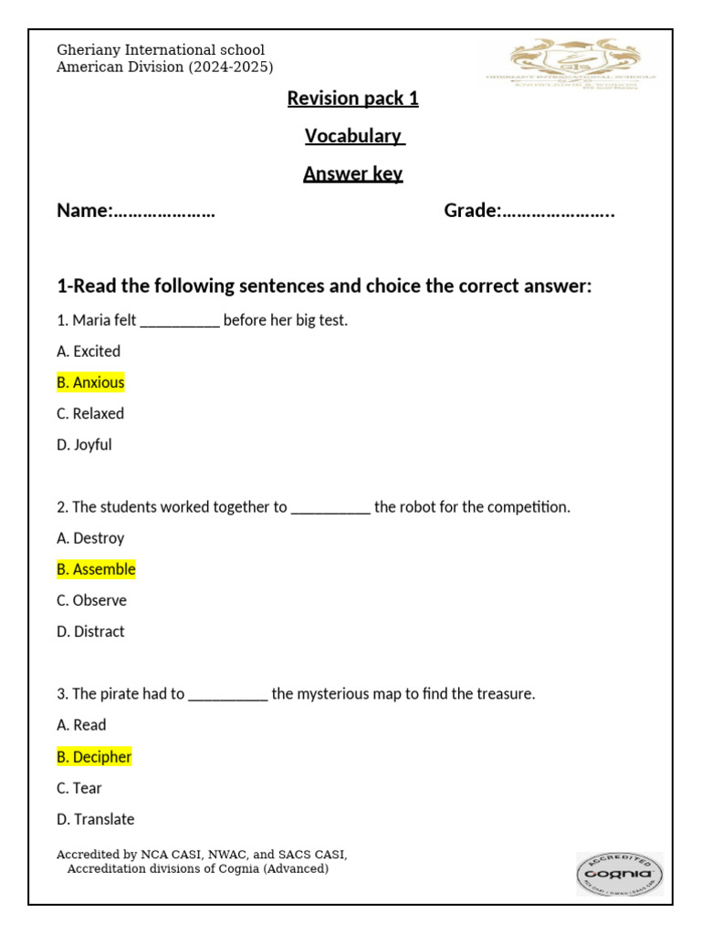Grade 5 Vocabulary Answerkey 2 | PDF