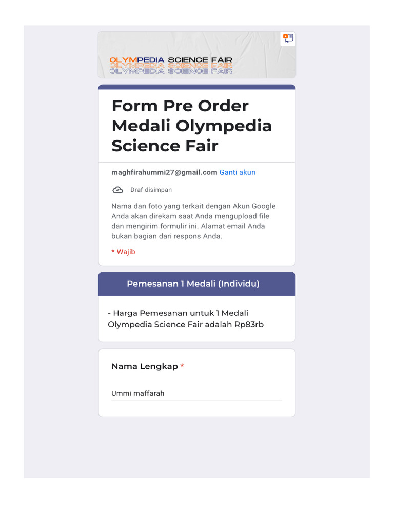 Form Pre Order Medali Olympedia Science Fair | PDF