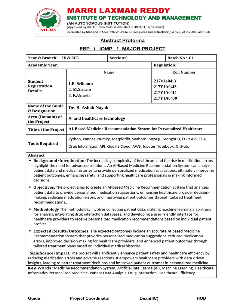 Project Abstract Proforma - AY 2024-25 (ECE) | PDF | Machine Learning | Personalized Medicine