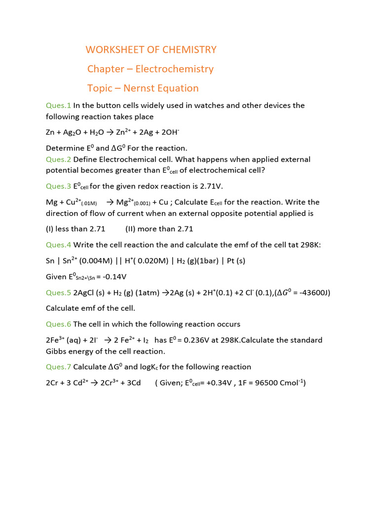 Worksheet XII Electrochemistry | PDF