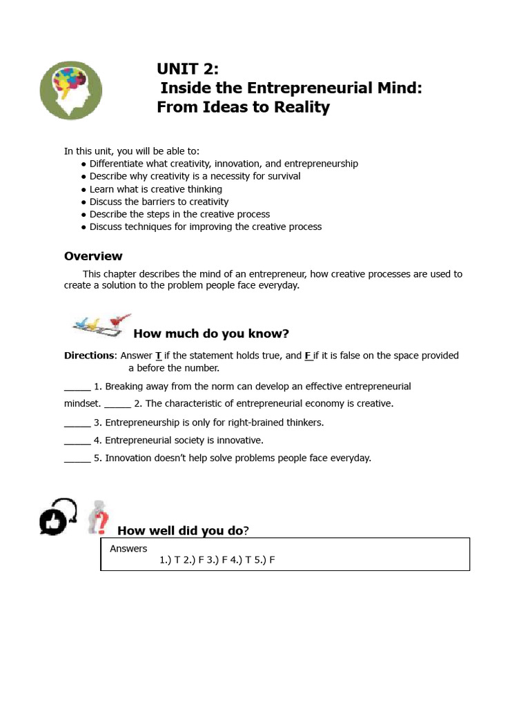 UNIT 2 Inside The Entrepreneurial Mind From Ideas To Reality 2 | PDF ...