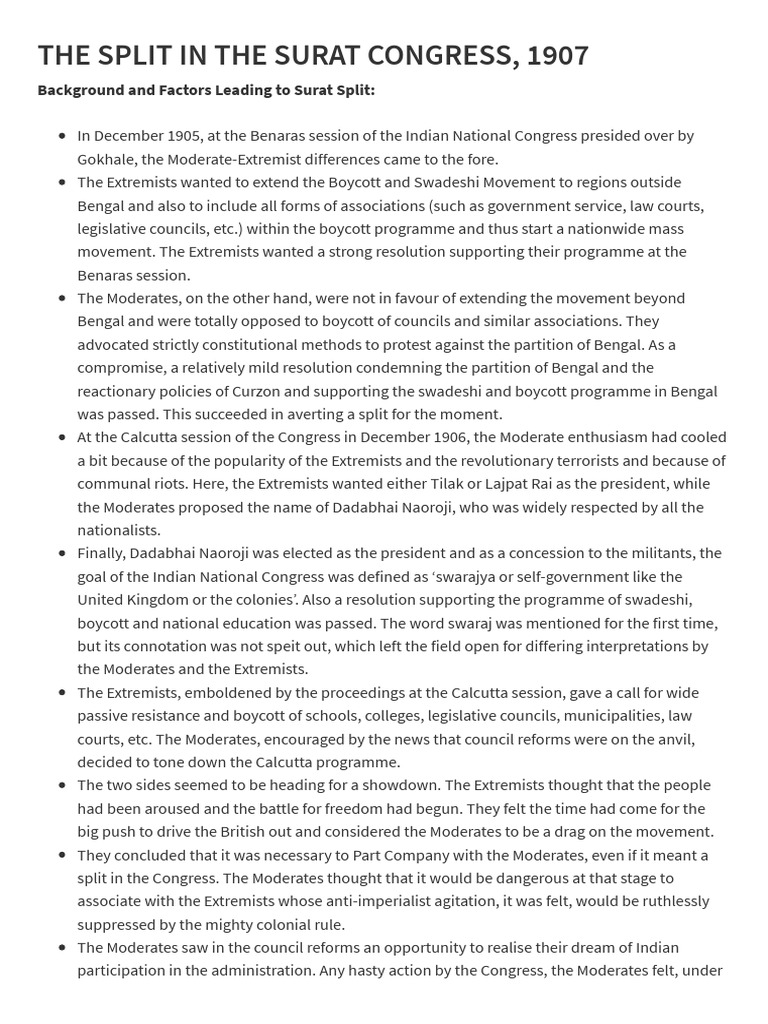 The Split in the Surat Congress, 1907 | PDF | Indian Nationalism ...