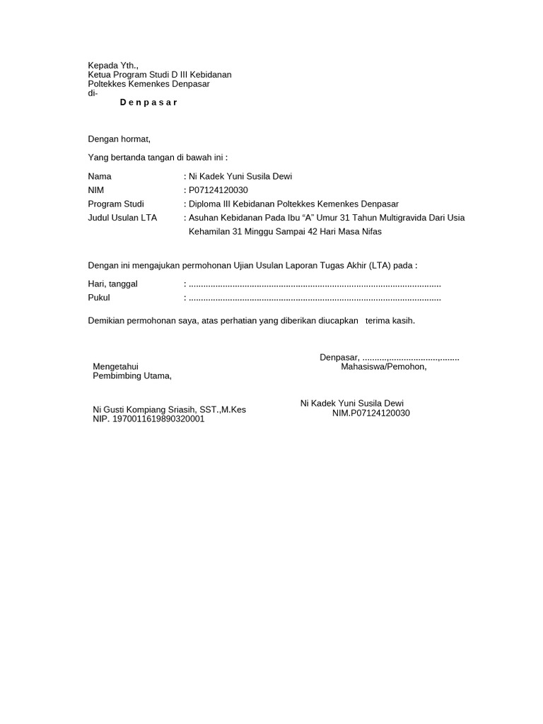 1. FORM SURAT PERMOHONAN UJIAN USULAN LTA | PDF