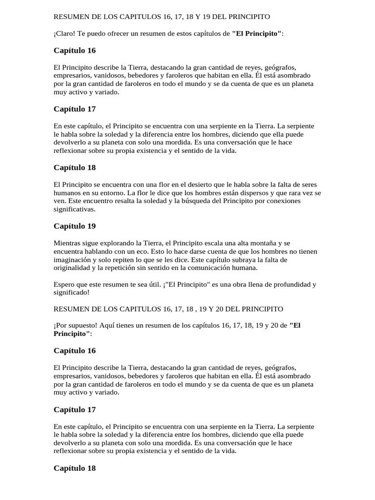 Resumen de Los Capitulos 16 Al 20 Del Principito | PDF | El Principito